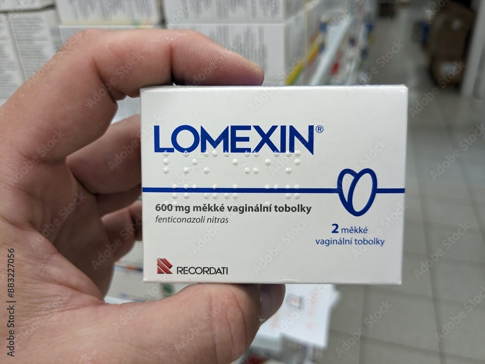 Prague, Czech Republic - July 10 2024: LOMEXIN VAGINAL CREAM box of ...