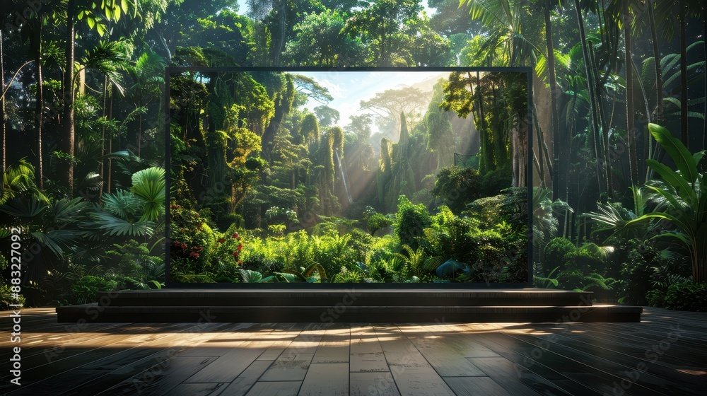 Panoramic digital screen displaying lush green tropical forest scenery ...