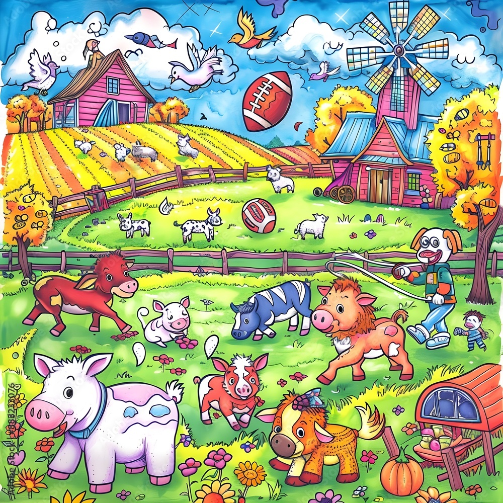 This adult coloring page features colorful farm animals playing ...