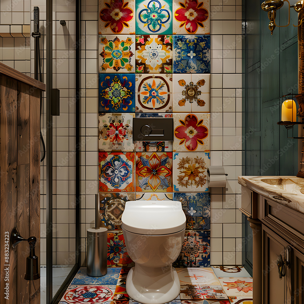 Modern bathroom features a white toilet with a white tiled floor. Back ...