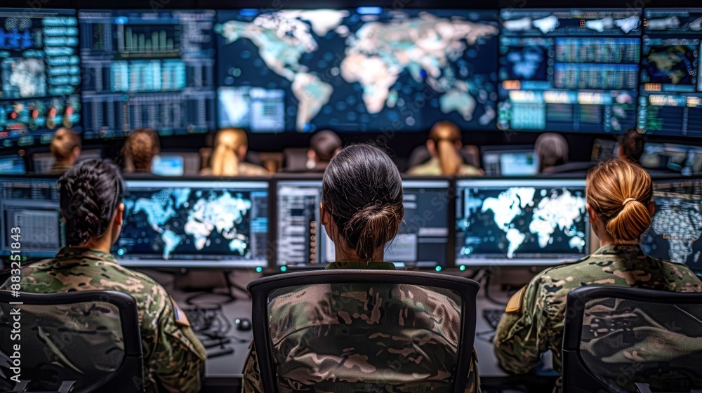 Military personnel in a command center monitoring global operations ...