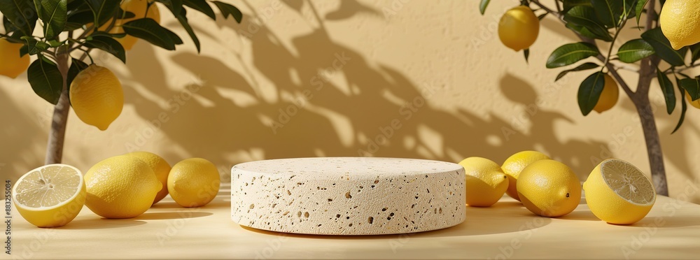 Lemon podium background with lemon trees and yellow sky. An arch in the ...