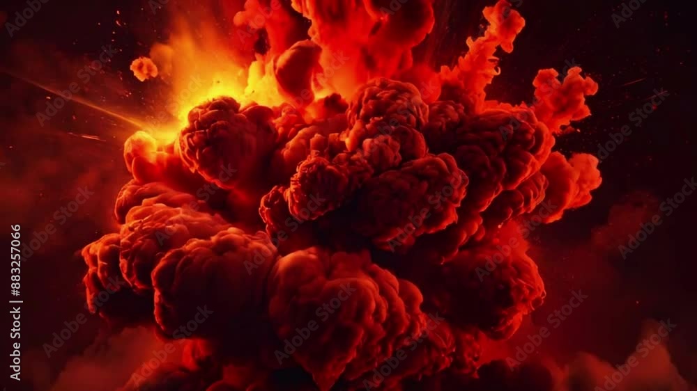 calm, red background, then suddenly burst into an intense explosion of ...