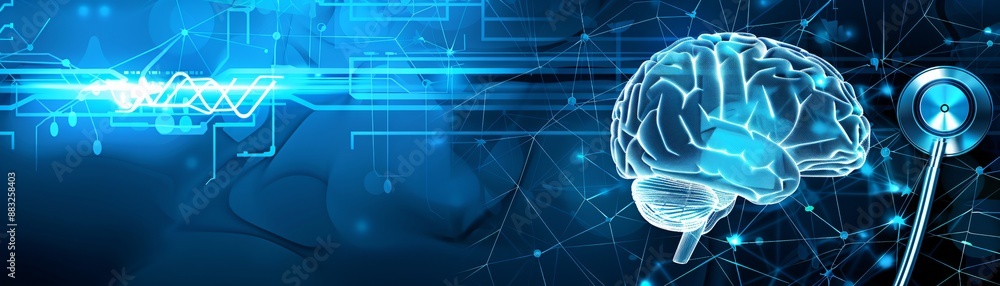 Brain with neural pathways and stethoscope blue background highlighting ...