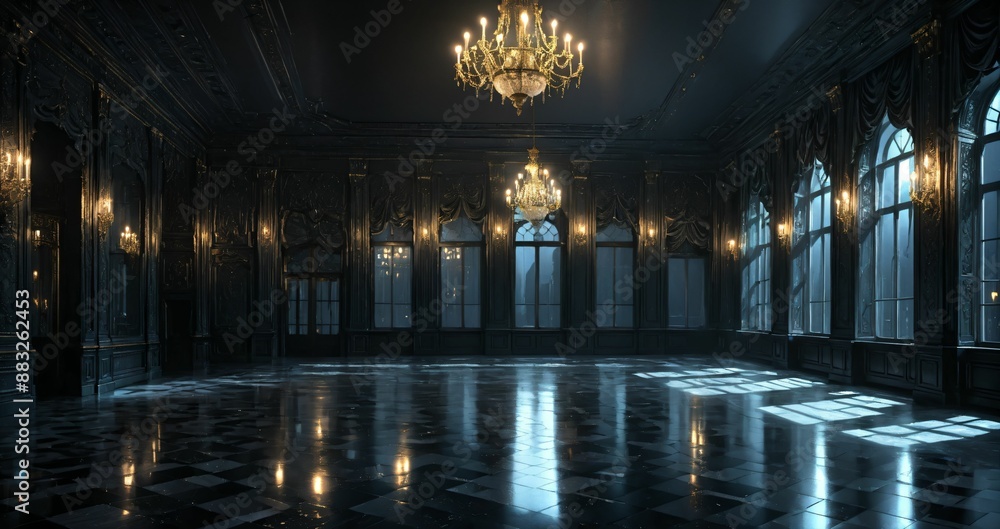 black ballroom room interior of mansion castle palace at night. dark ...