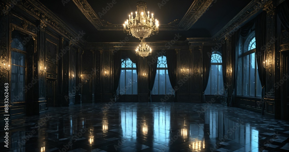 black ballroom room interior of mansion castle palace at night. dark ...