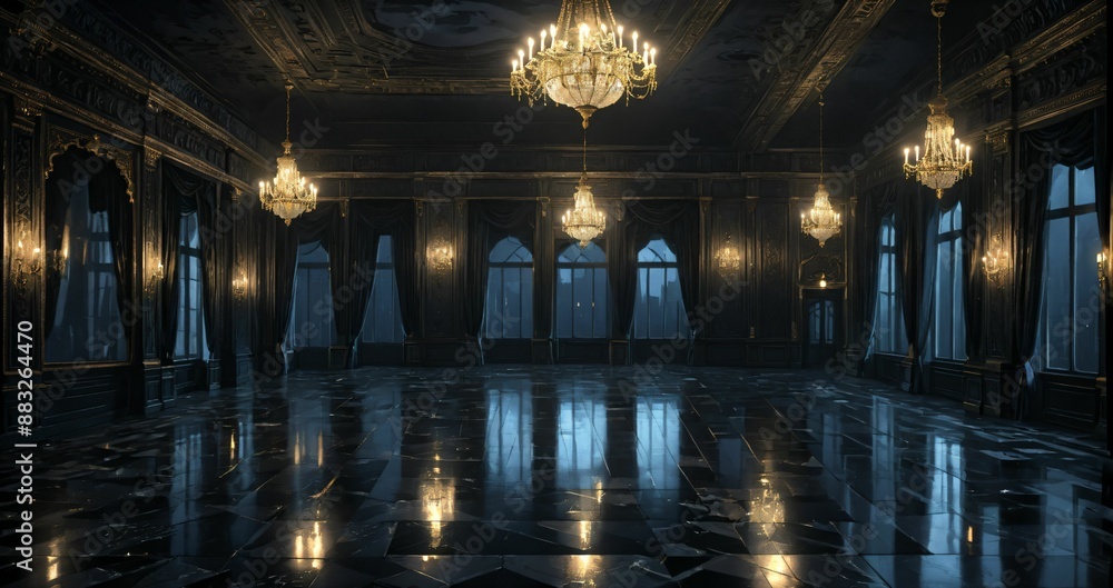 black ballroom room interior of mansion castle palace at night. dark ...