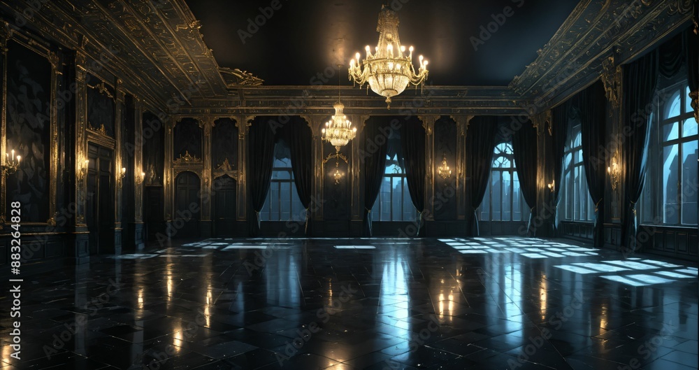 black ballroom room interior of mansion castle palace at night. dark ...