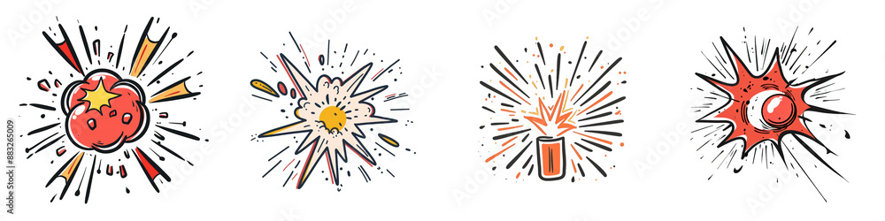 Cartoon explosion icons set against a transparent background, showing ...