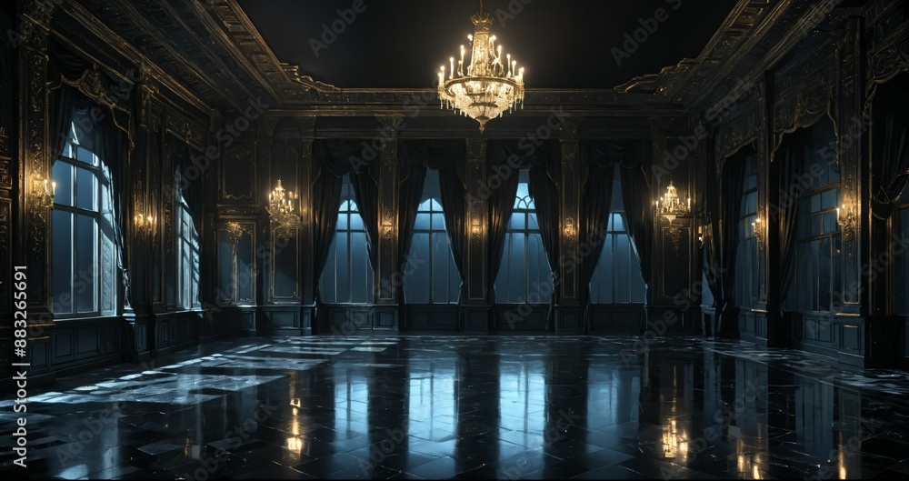 black ballroom room interior of mansion castle palace at night. dark ...