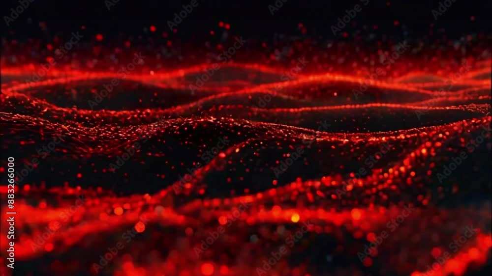 ocean of red particles, where the waves represent data flow and ...