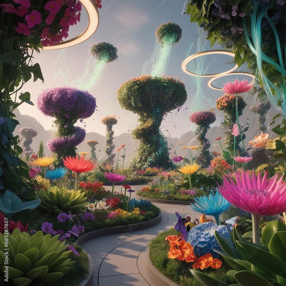 stellar garden, A garden set on an asteroid, floating in deep space ...
