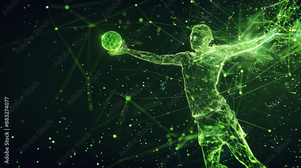 Digital lime low poly volleyball player with glowing data streams ...