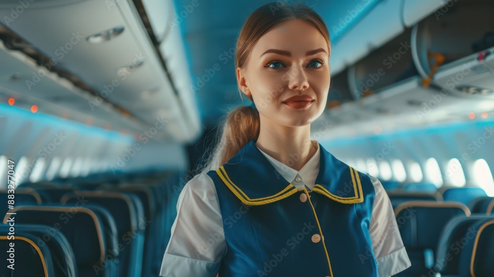 Beautiful Caucasian flight attendant walking on aislel to close luggage ...