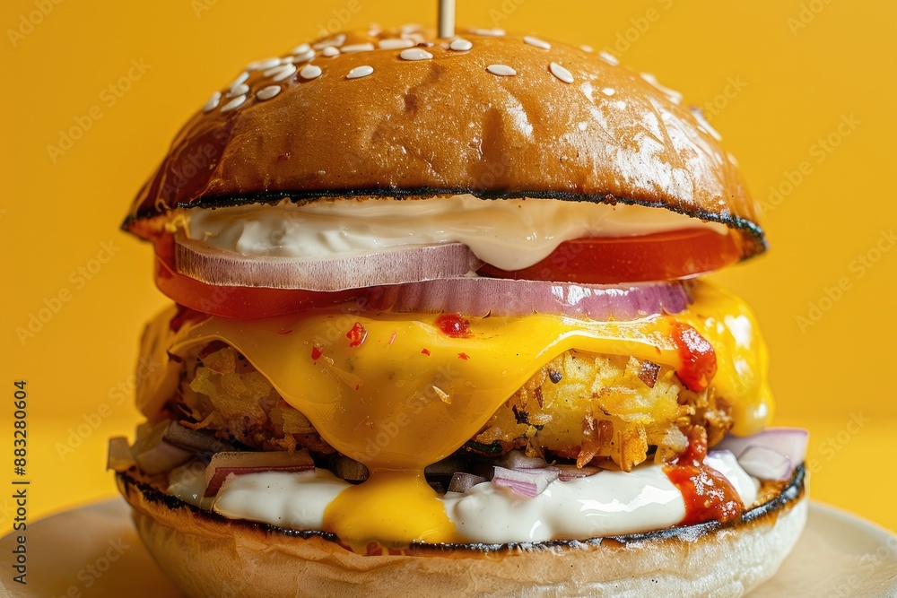 burger made of crispy potato patty, cheese sauce, mayonnaise, red ...