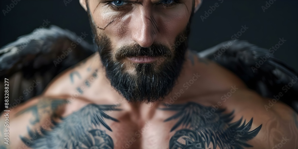 Savage gladiator with tattoos feathers and primal rage in his eyes ...