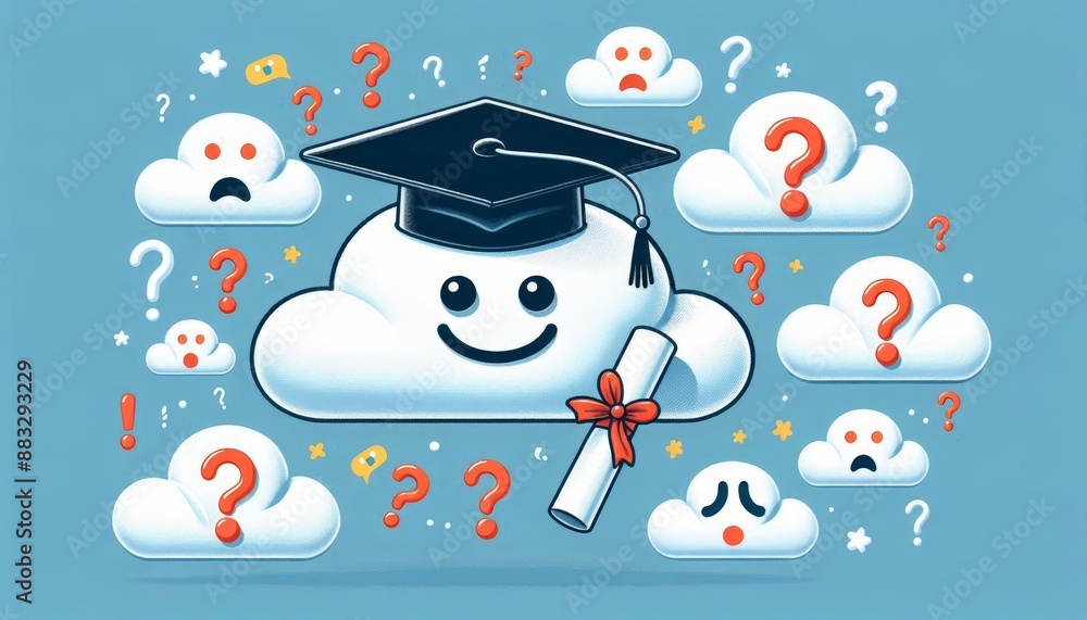 Happy Cloud Graduation Celebration with Question Marks and Smiling ...