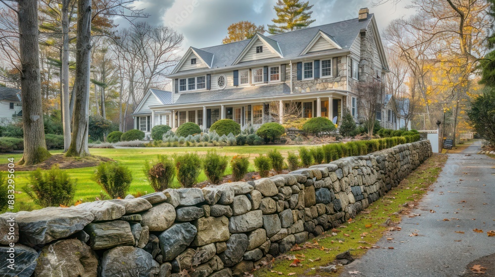 Suburban Colonial home with a classic New England stone wall running ...