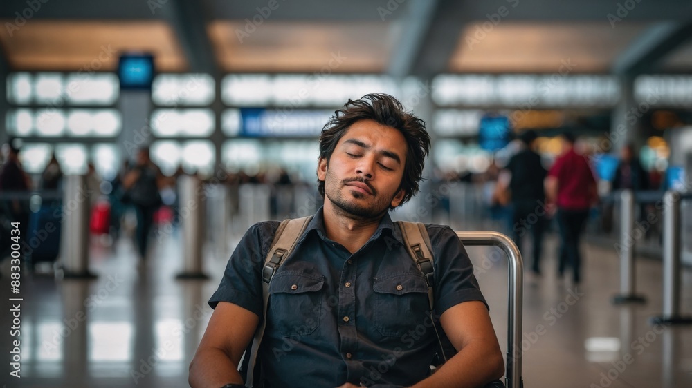Exhausted traveler with backpack sleeping in an airport terminal ...