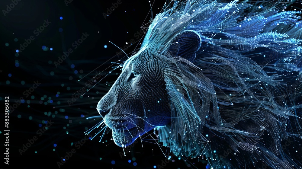 Digital lion composed of data streams, utilized in AI aerial ...