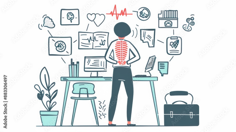 A drawing of a person with back pain, holding their lower back with a ...