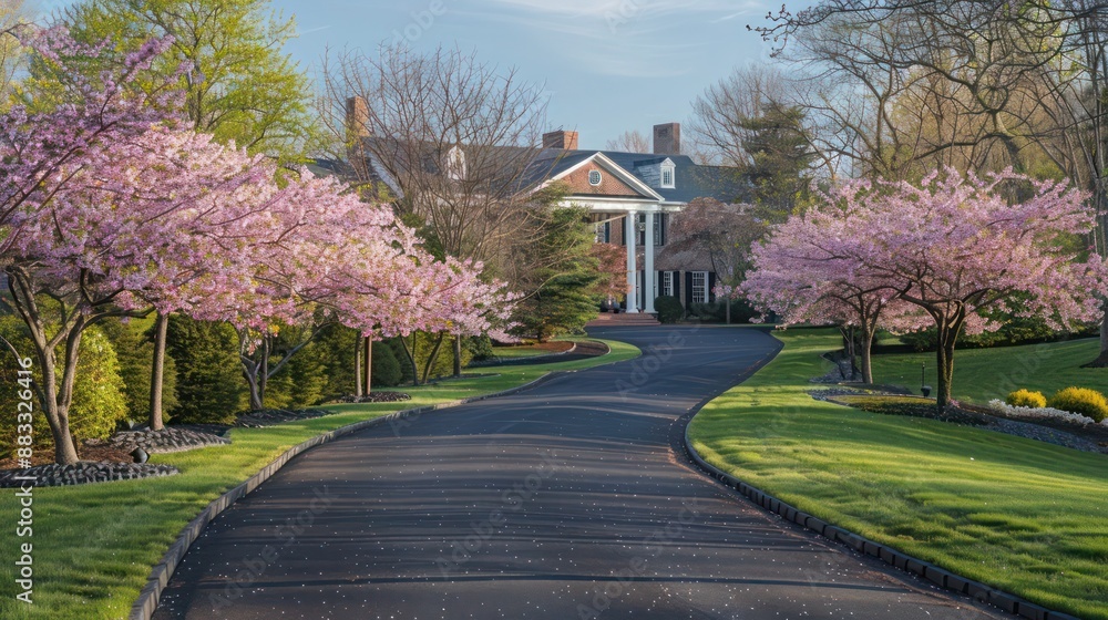 The elegant, sweeping driveway of a Suburban Colonial home, lined with ...