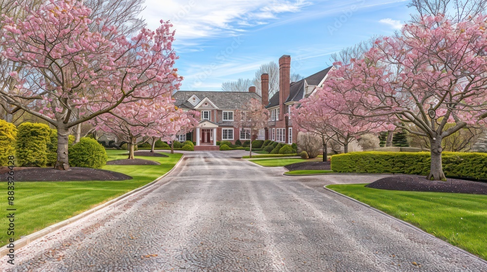 The elegant, sweeping driveway of a Suburban Colonial home, lined with ...