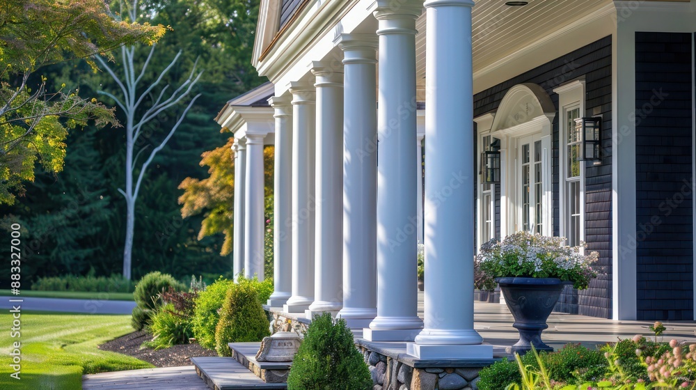 The elegant, white columns of a Suburban Cape Cod homea??s front porch ...