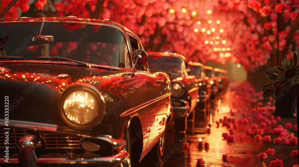 Classic red cars lined up on a road covered with roses, Paint it black ...