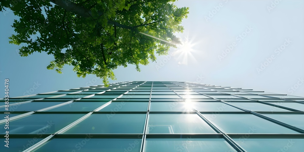 Ecofriendly architecture Green glass building with tree in sunlight ...