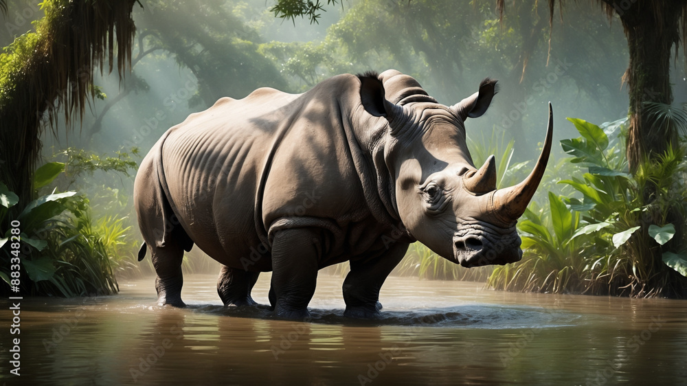Endangered Sumatran Rhinoceros Wading Through Misty Swamp in Lush ...