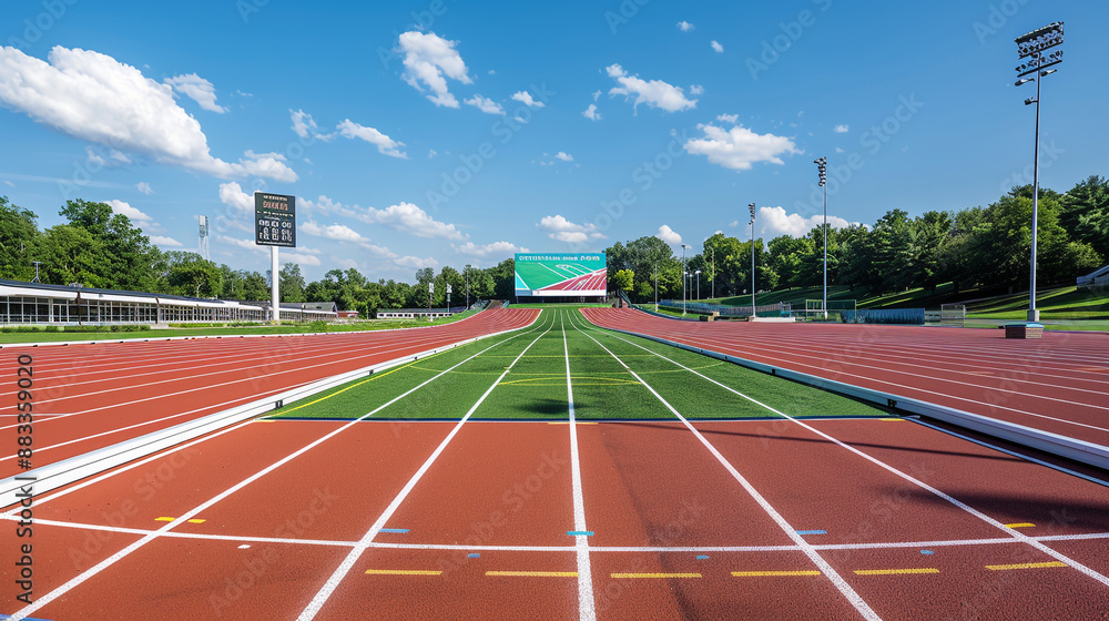 HD camera view of a standard track field from track level, highlighting ...