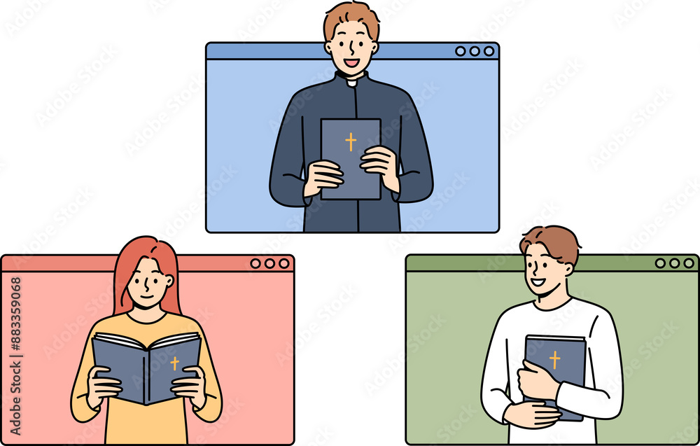 Online mass of priest reading bible with believers looking out of ...