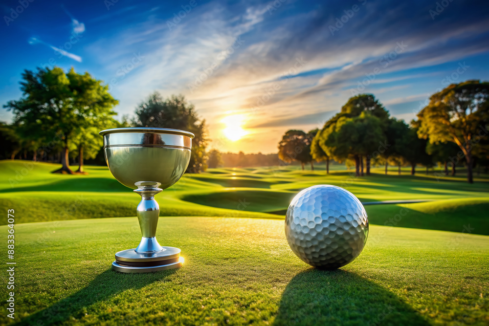 Serene golf course scenery with manicured green grass, golf ball ...