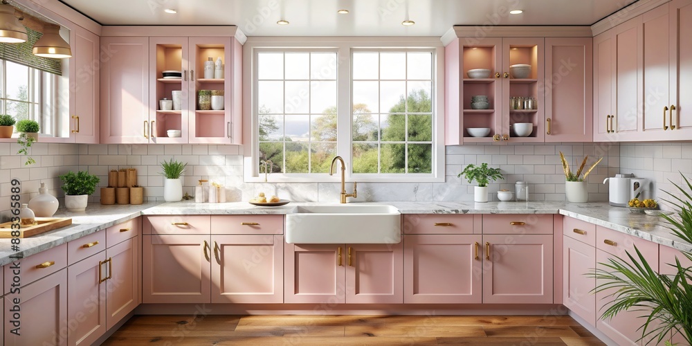 Modern Pink Kitchen Design with Farmhouse Sink - A modern kitchen with ...