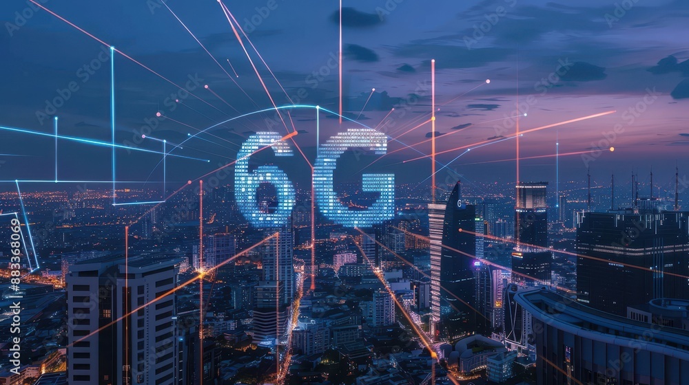 Amidst a city of majestic neon buildings, the 6G logo symbolizes a new ...