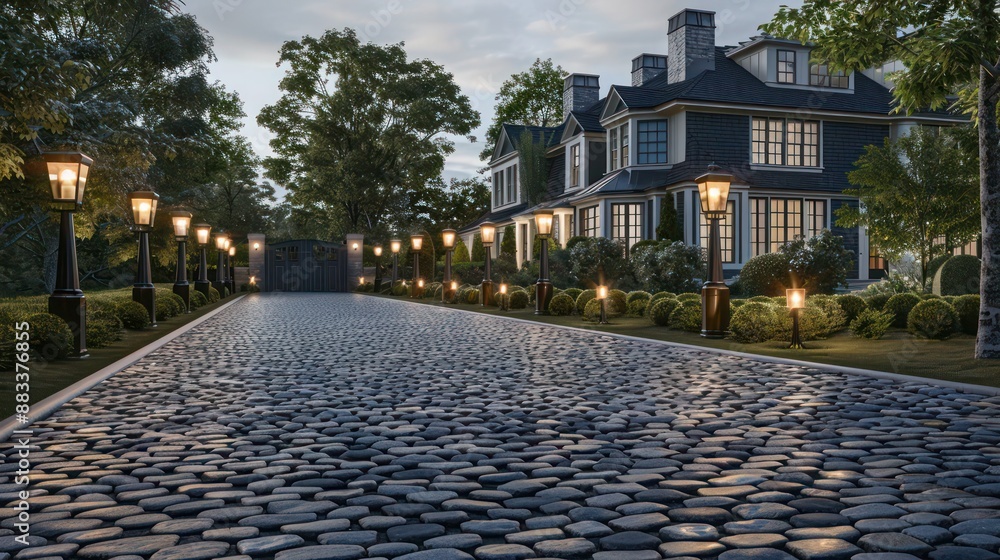 Suburban Colonial home with a traditional cobblestone driveway, lined ...