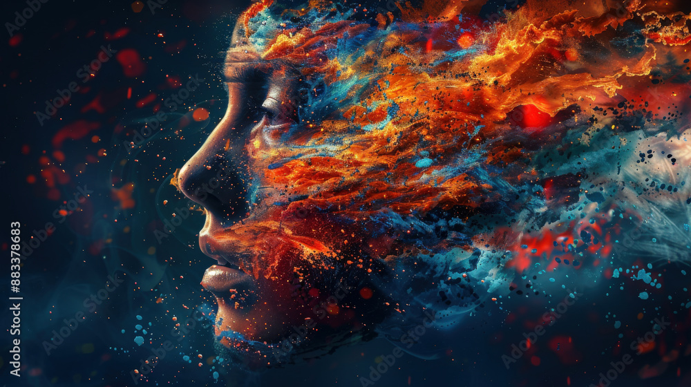 erratic collage of a human face with splashes of colour background of ...