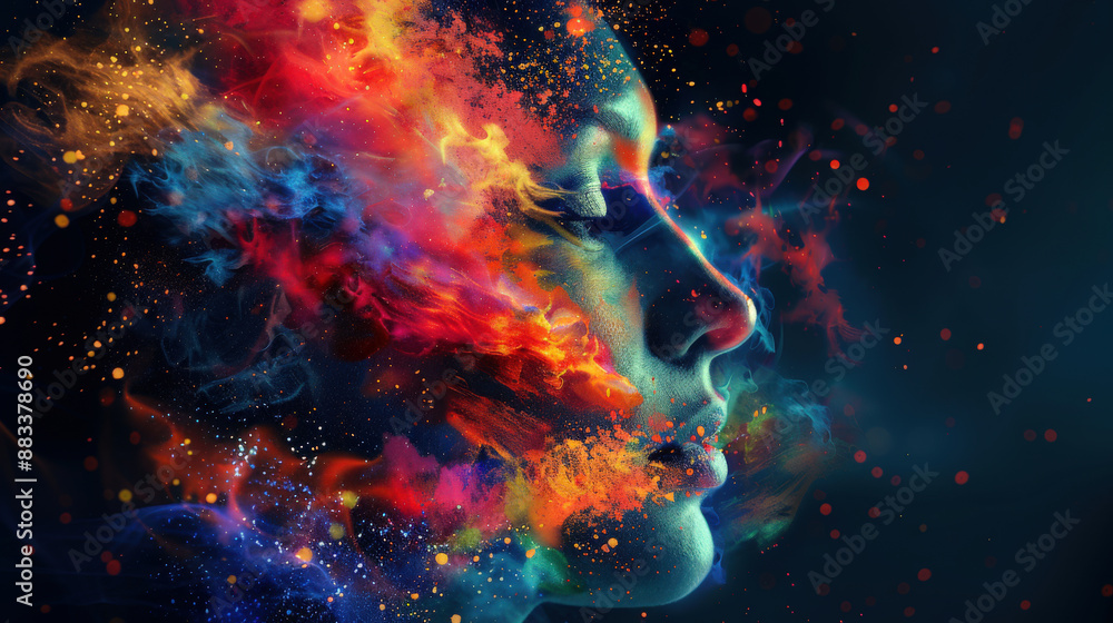 erratic collage of a human face with splashes of colour background of ...