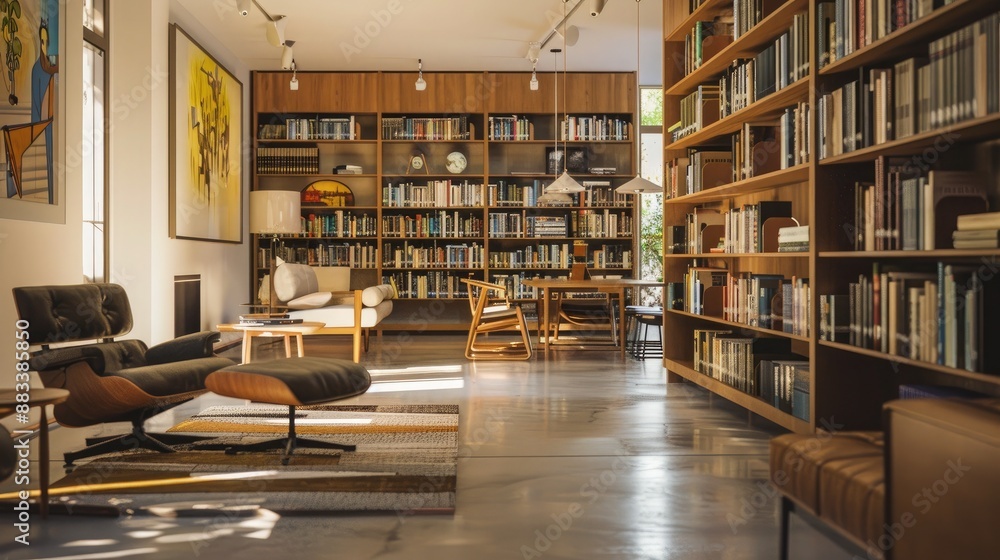Enter a mid-century library with a modern aesthetic, featuring clean ...