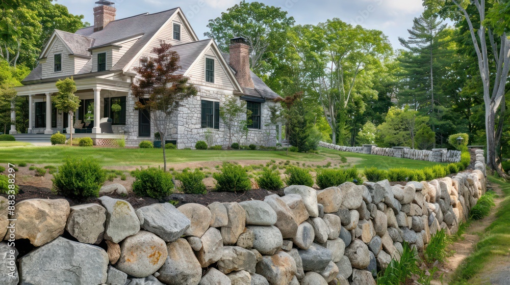 Suburban Colonial home with a classic New England stone wall running ...