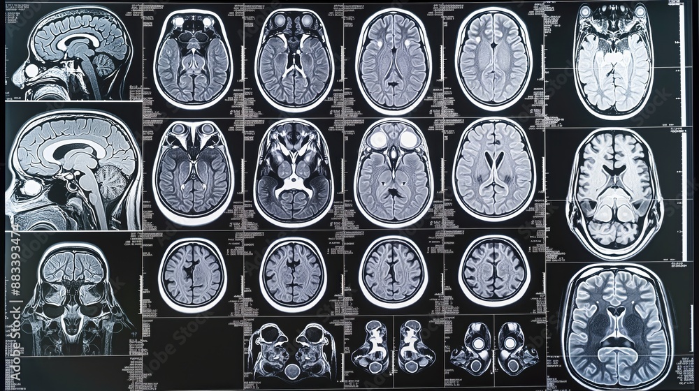 A series of brain MRI scans showing various cross-sectional images of ...