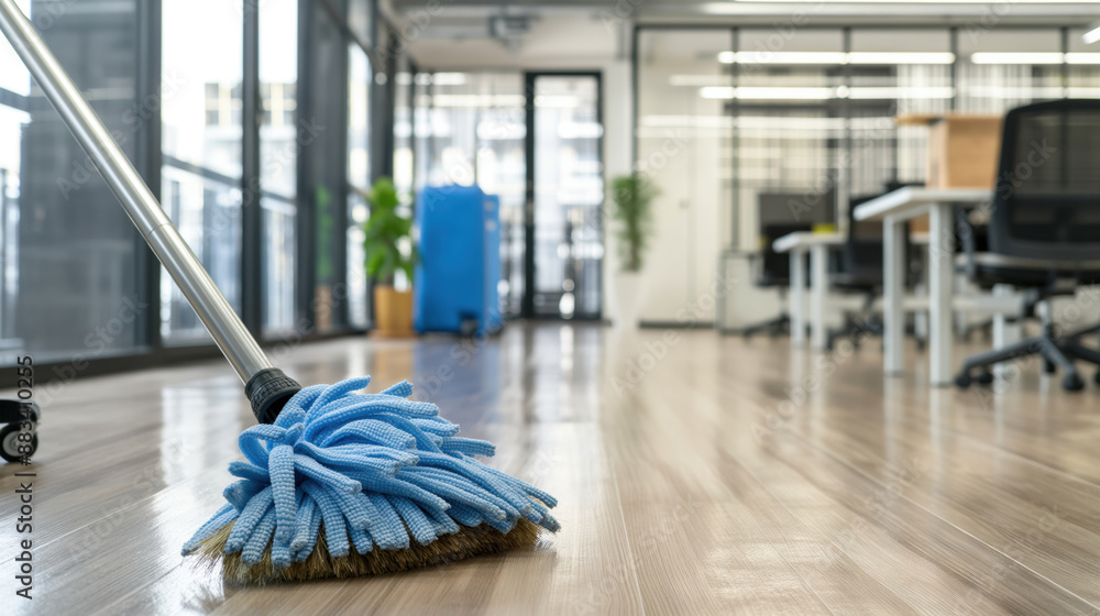 Clean office space with a focus on a mop cleaning the shiny floor ...