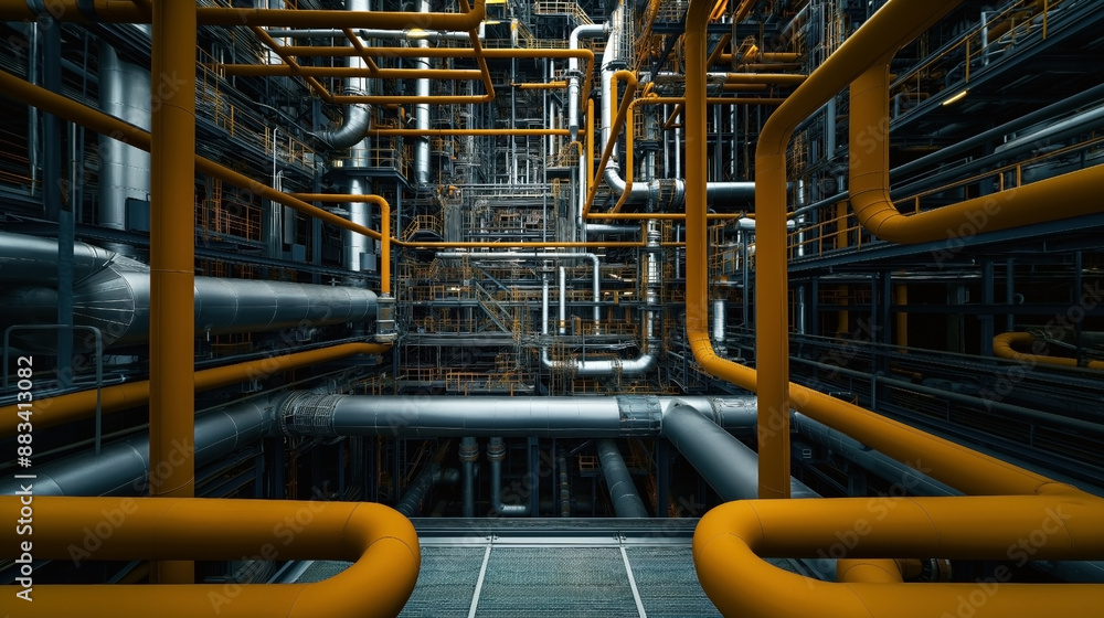 Industrial interior with a complex network of interconnected pipes and ...
