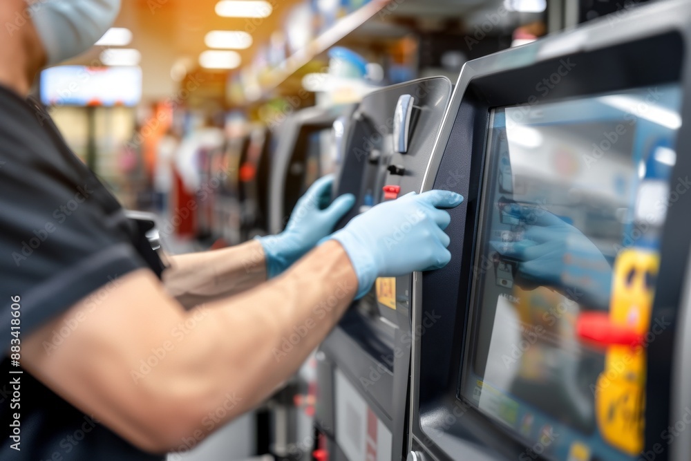 young man girl buys groceries at a self-service checkout in a store ...