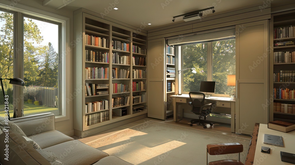 Suburban Contemporary study with built-in bookshelves, a hidden murphy ...