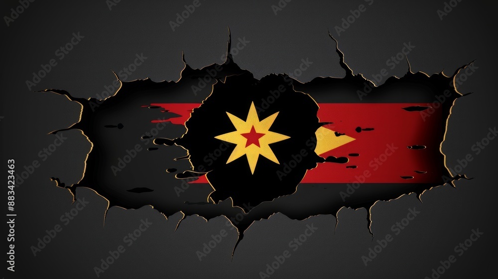 ripped black background reveals the East Timorese flag, showcasing the ...