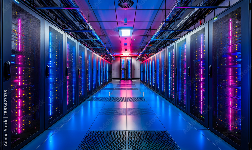 Modern Data Center Server Room with Rows of Illuminated Racks for Cloud Computing, AI, and ...