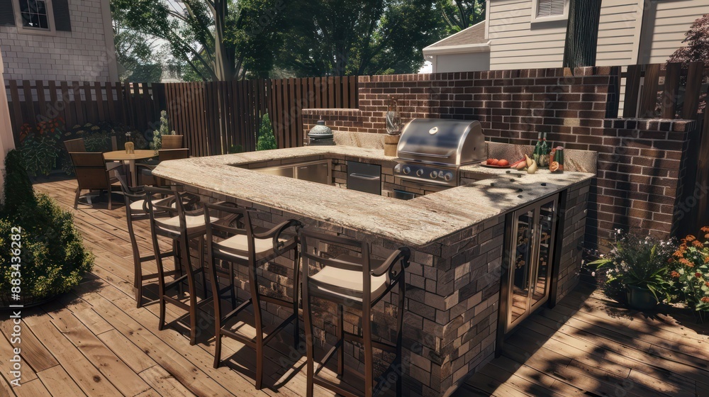 The outdoor kitchen and bar area of a Suburban Colonial home, designed ...
