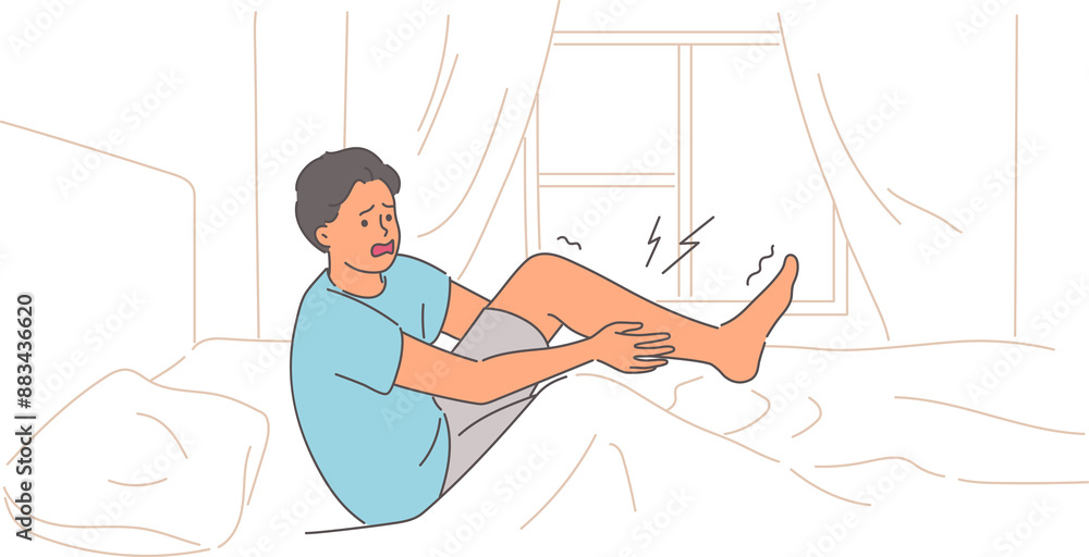 Severe pain or spasm in leg woke up man, making suffering grimace as ...
